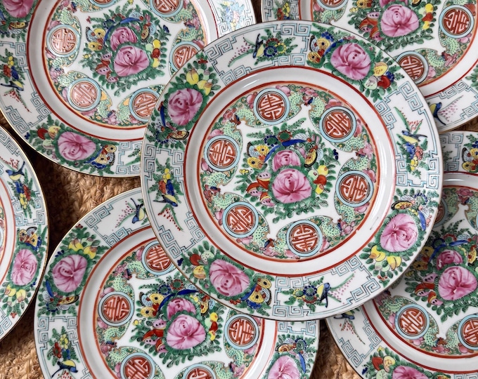 Antique Rose Canton Plates With Greek Key Trim | Chinoiseire Chic ...