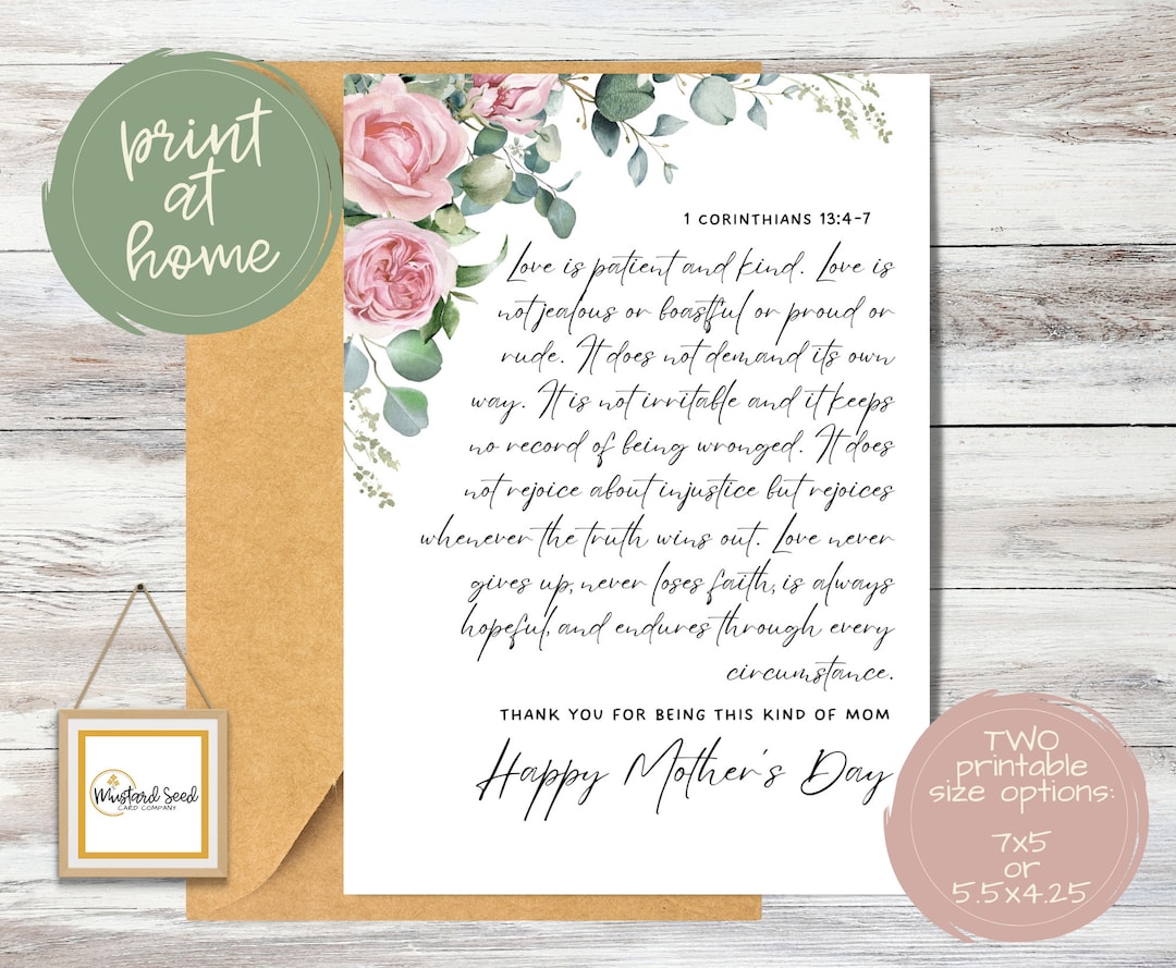Printable Mother's Day Card With 1 Corinthians Scripture and Pink ...