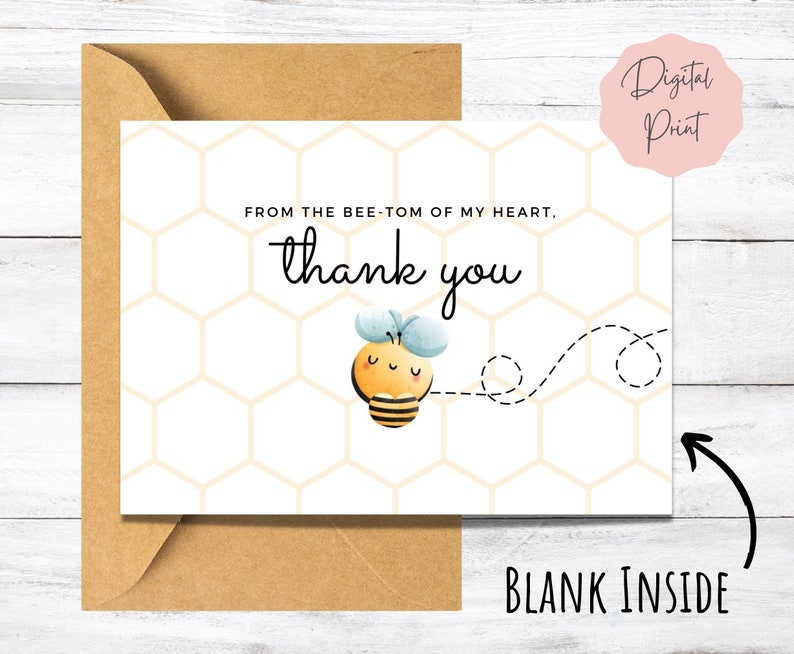 Printable Thank You Card With Cute Bee Theme | Digital Thank You Note ...