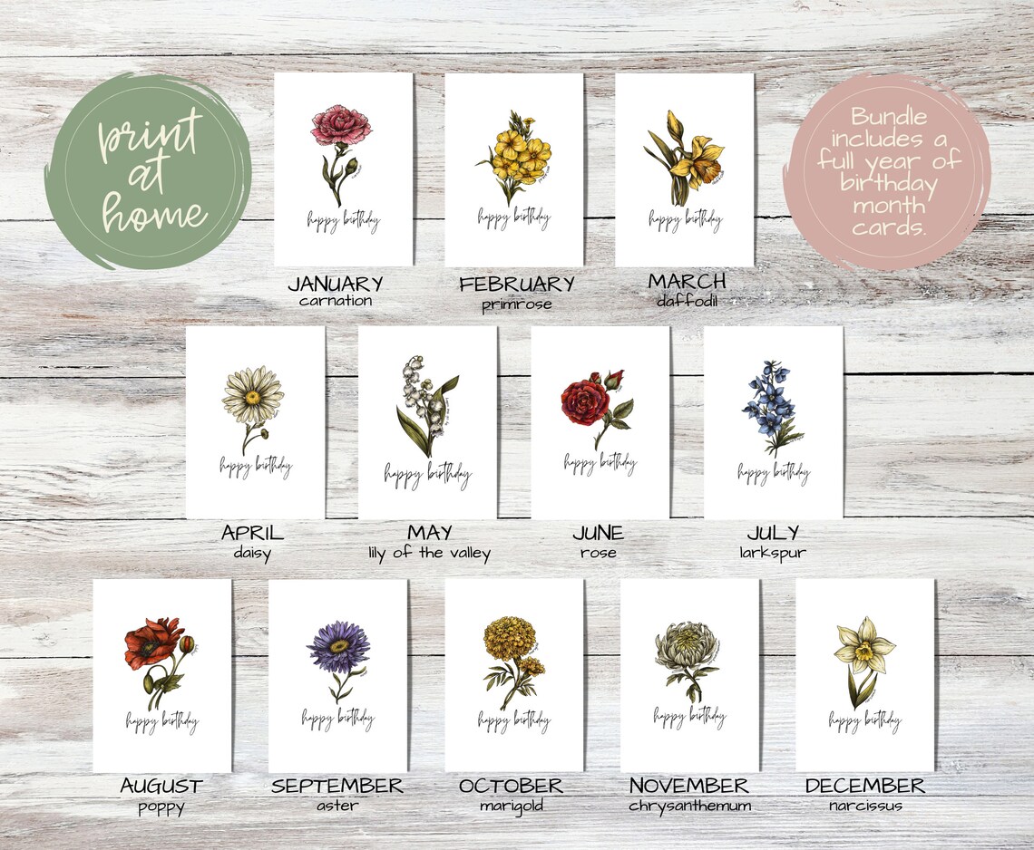 Birth Month Flower Birthday Card Bundle PRINTABLE for Entire Year of ...