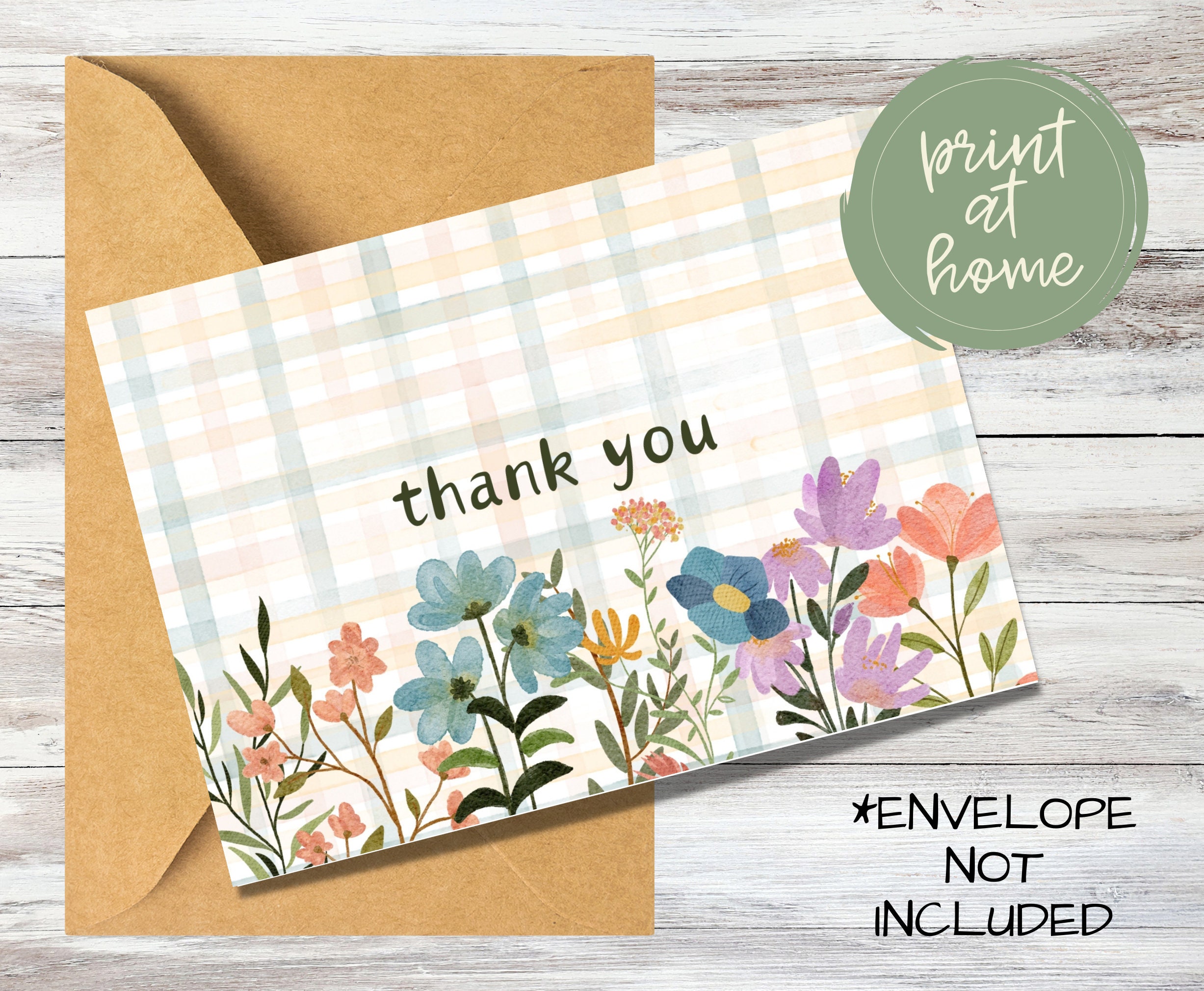 Wildflower Plaid Printable Thank You Card | Casual Thank You Card ...