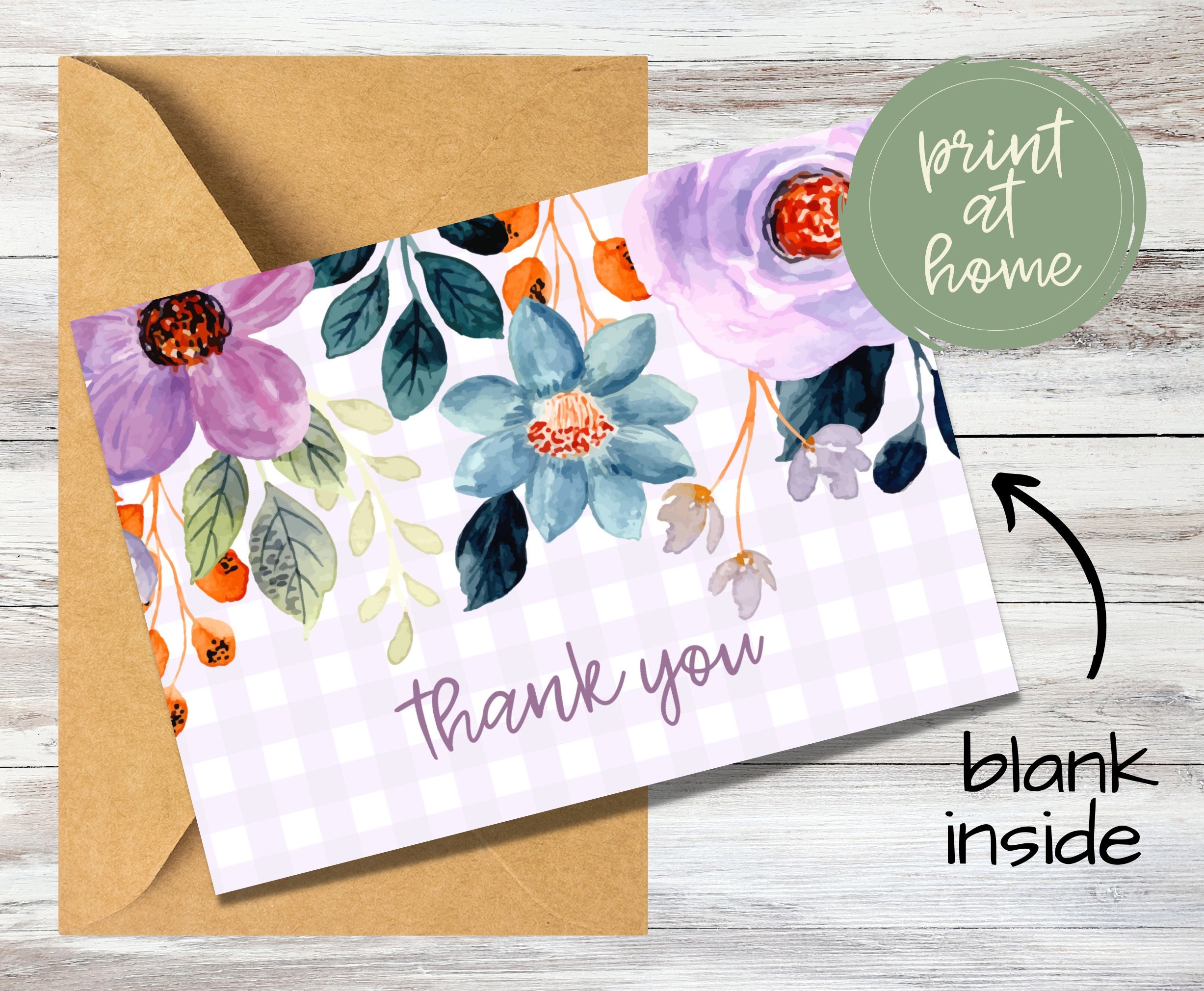 Printable Thank You Card With Spring Flowers and Plaid Background ...