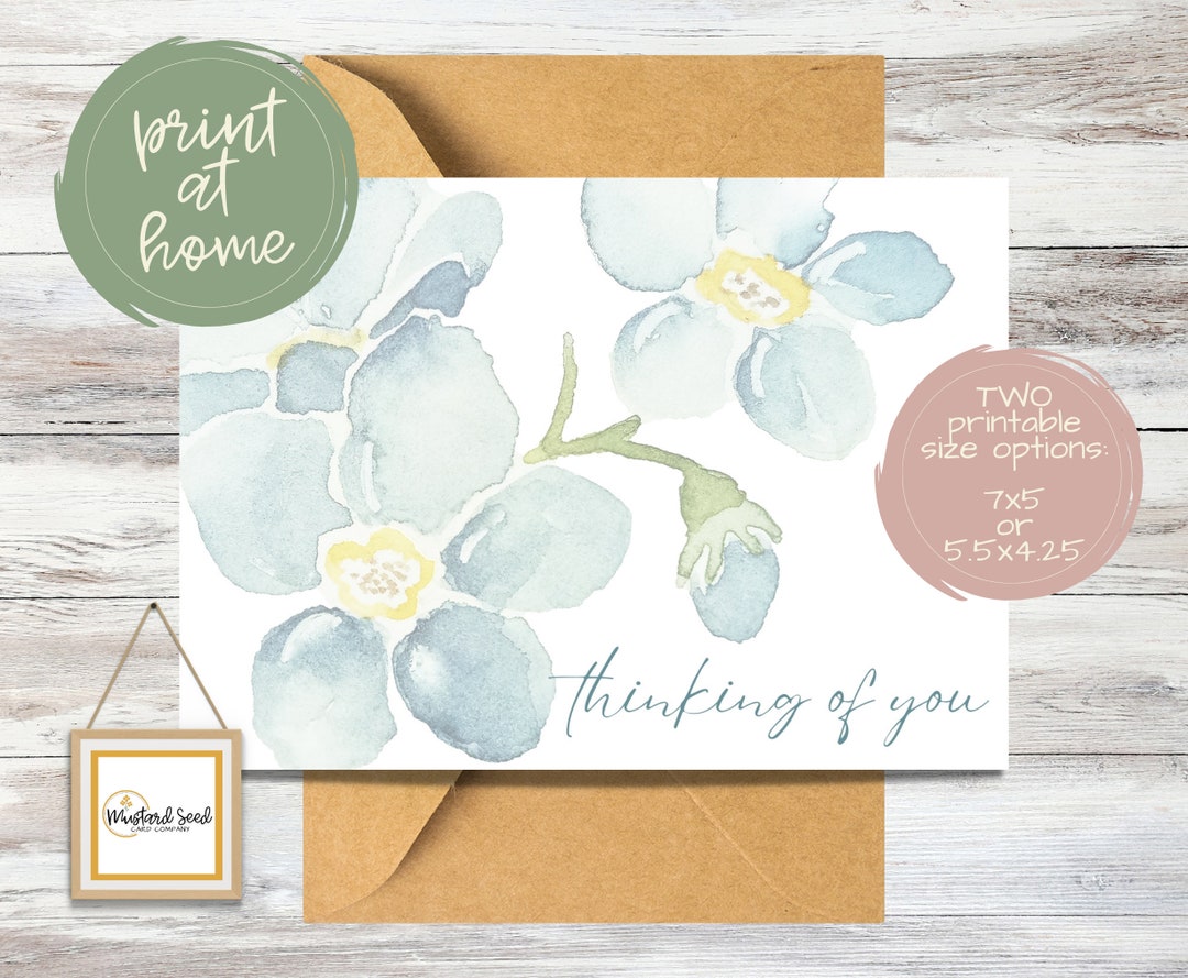 Printable Thinking of You Card With Pastel Blue Watercolor Flowers ...