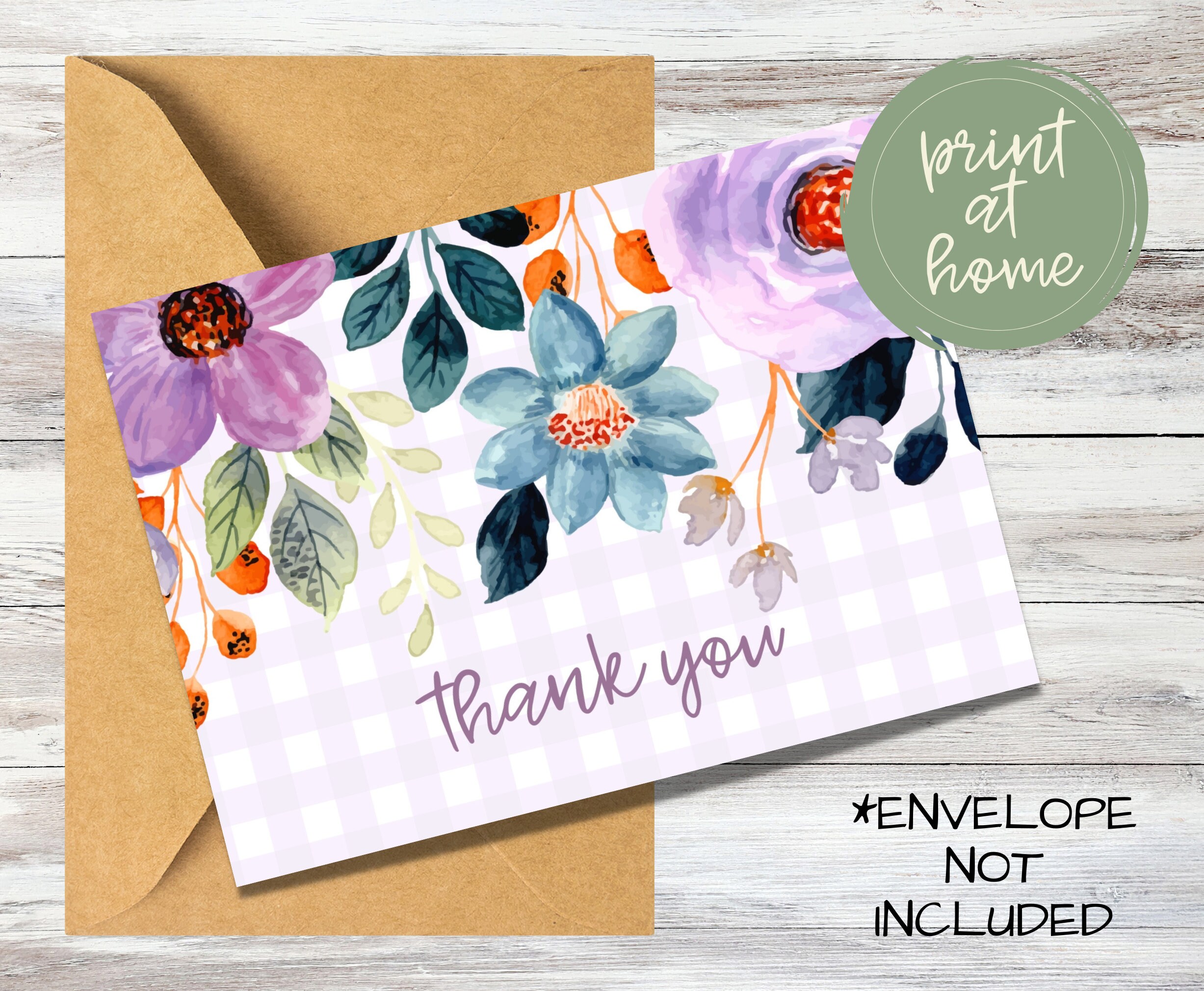 Printable Thank You Card With Spring Flowers and Plaid Background ...
