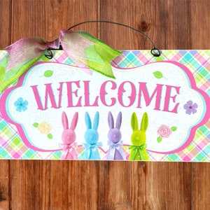 Flocked Bunny Welcome Sign 6x12 In. Wood or Metal Option. - Etsy