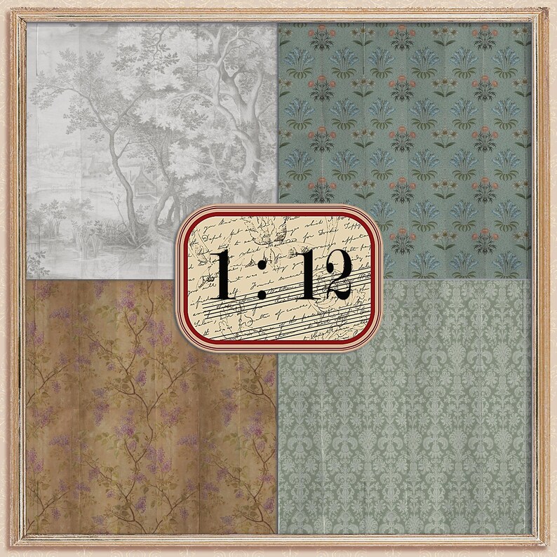 Dollhouse Wallpaper - Vintage Damask Prints, 1:12 Scale (digital ...