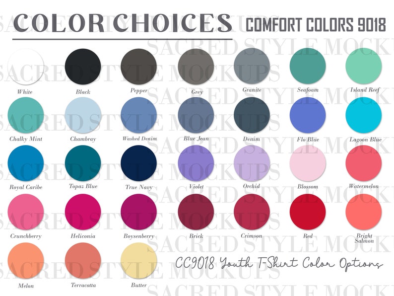 Semi Editable Comfort Colors 9018 Color Chart, CC9018 Youth Midweight T ...