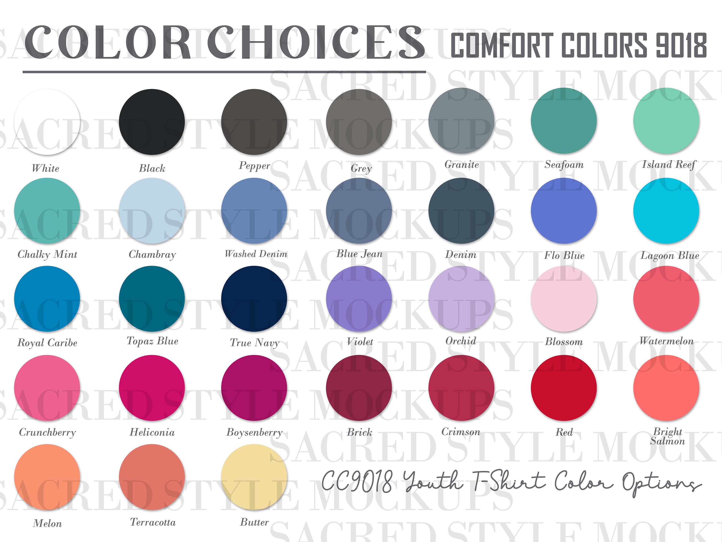 Semi Editable Comfort Colors 9018 Color Chart, CC9018 Youth Midweight T ...