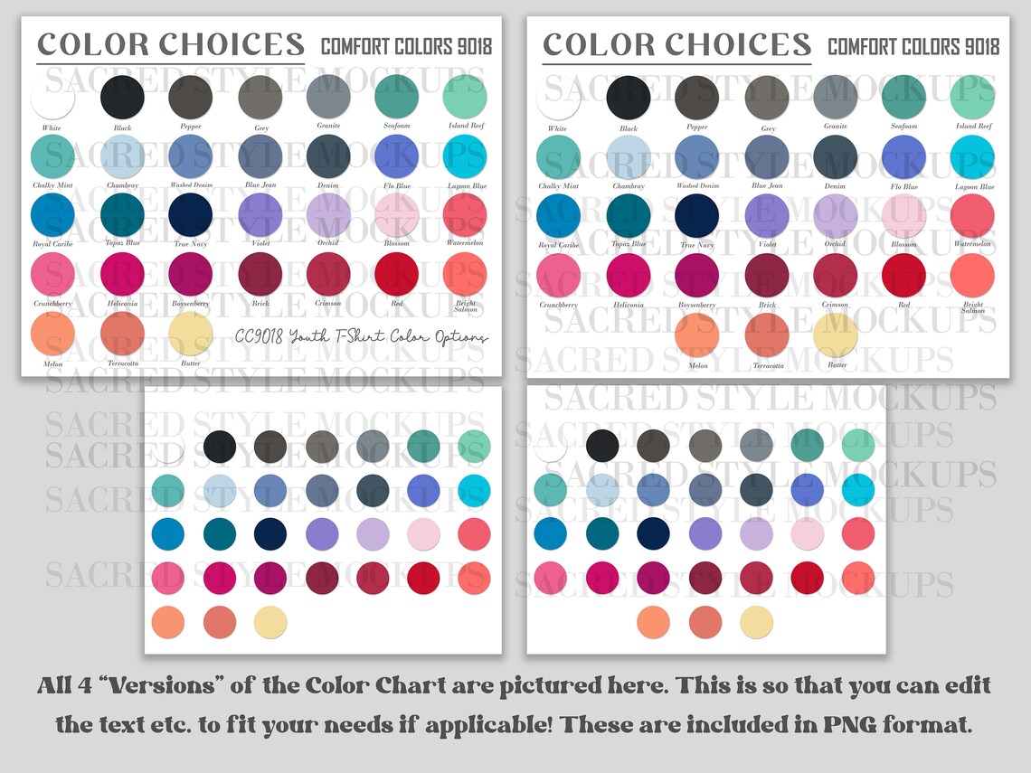 Semi Editable Comfort Colors 9018 Color Chart, CC9018 Youth Midweight T ...