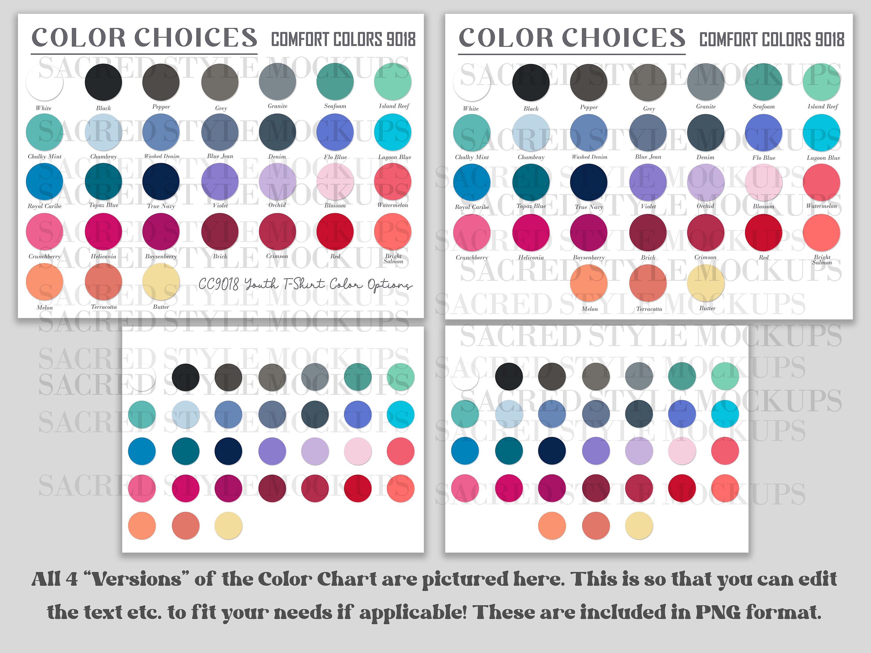Semi Editable Comfort Colors 9018 Color Chart, CC9018 Youth Midweight T ...