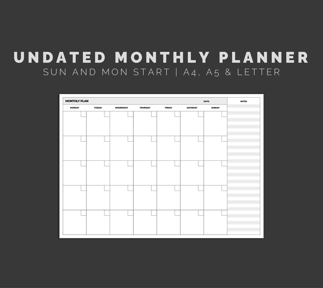 Printable Undated Monthly Planner / A4, A5 Letter / Study Sheets ...
