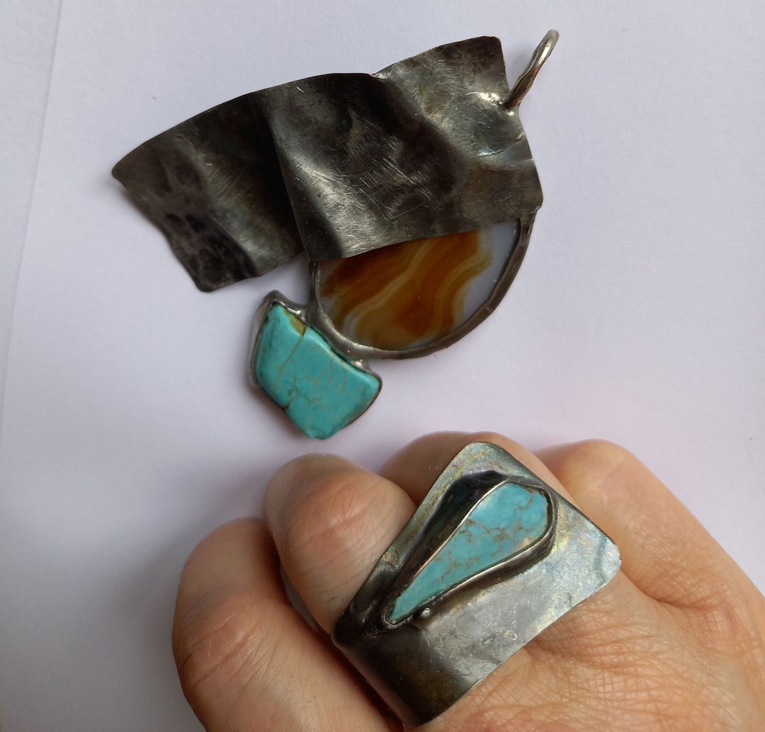 Set of Jewelry With Turquoise Cooper Pendant Cooper Ring Blue Stone ...