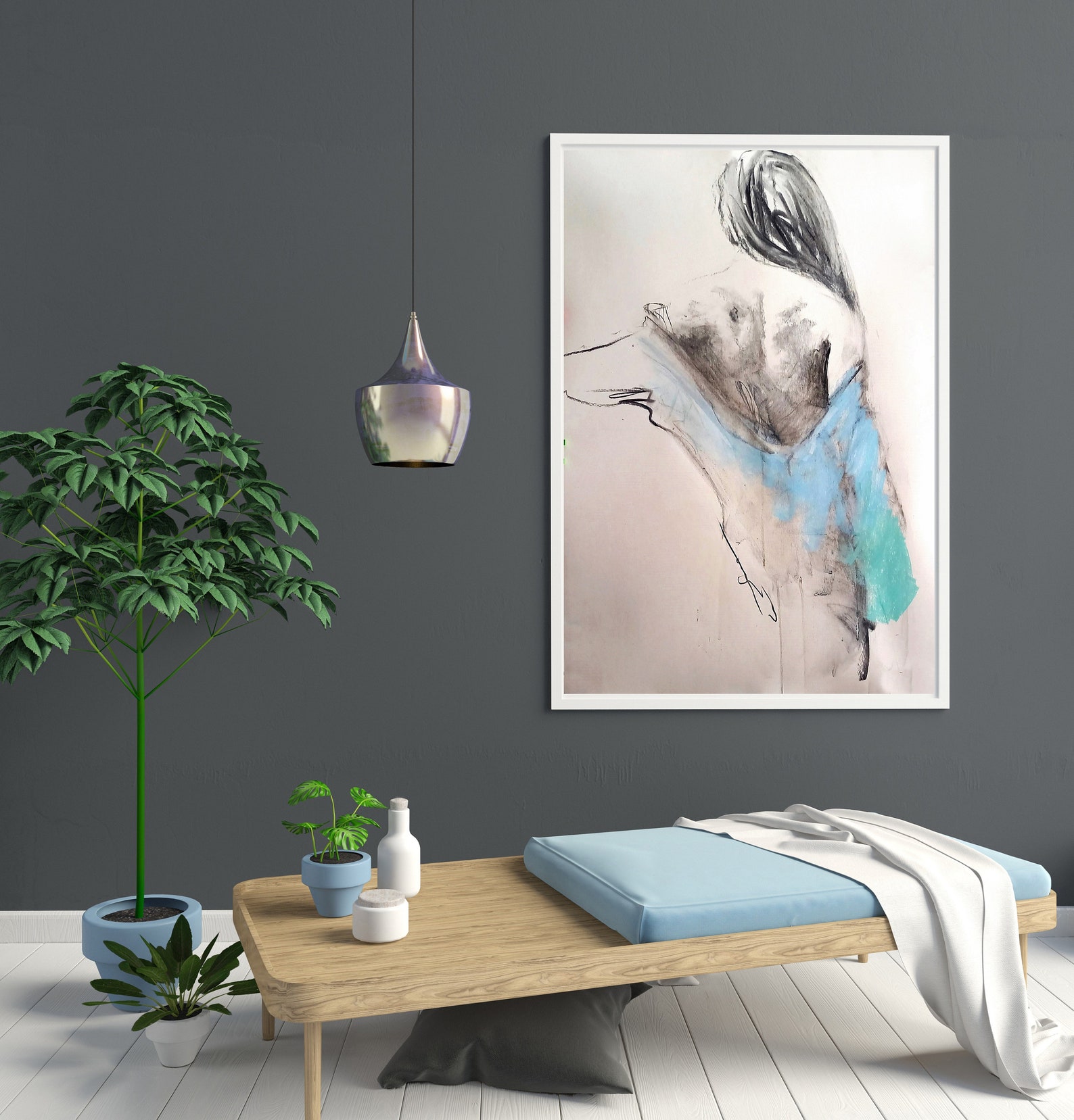 Woman Art Large Woman Drawing Blue Turquoise Art Sketch of - Etsy