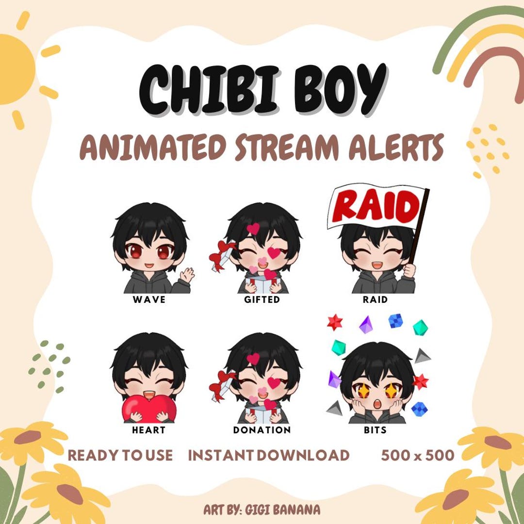 Animated Stream Alerts - Black Hair Red Eyes Male Cute Kawaii Chibi ...