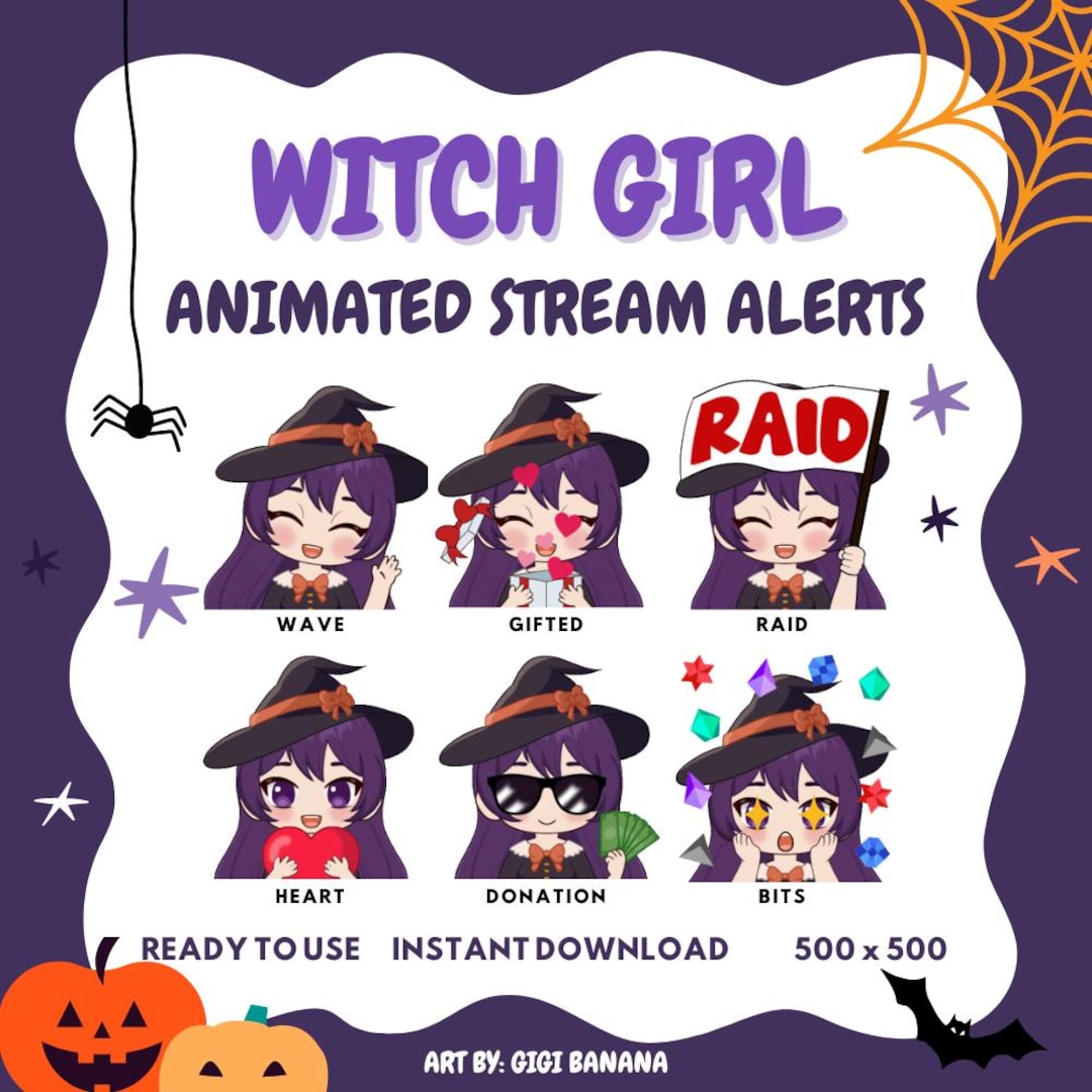 Witch Girl Purple - Animated Stream Alerts, Halloween, Cute Kawaii ...