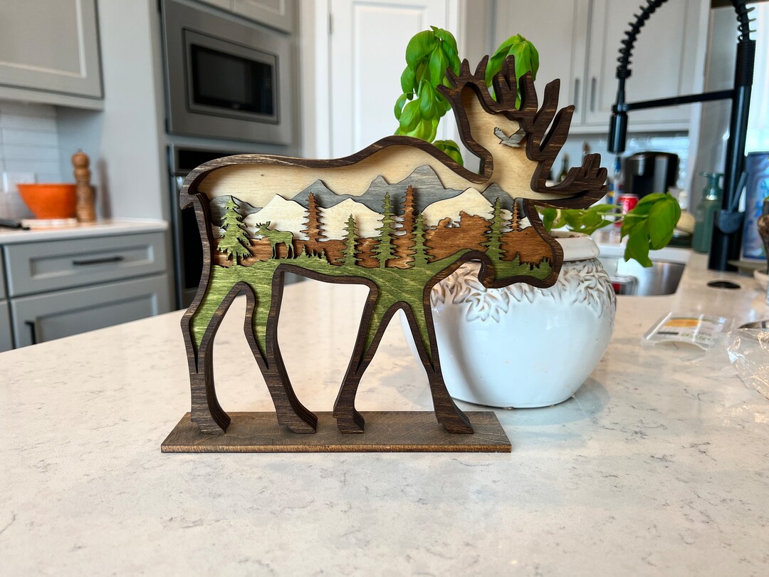 3D Wooden Moose Decor | Layered Mountain Scene - Etsy