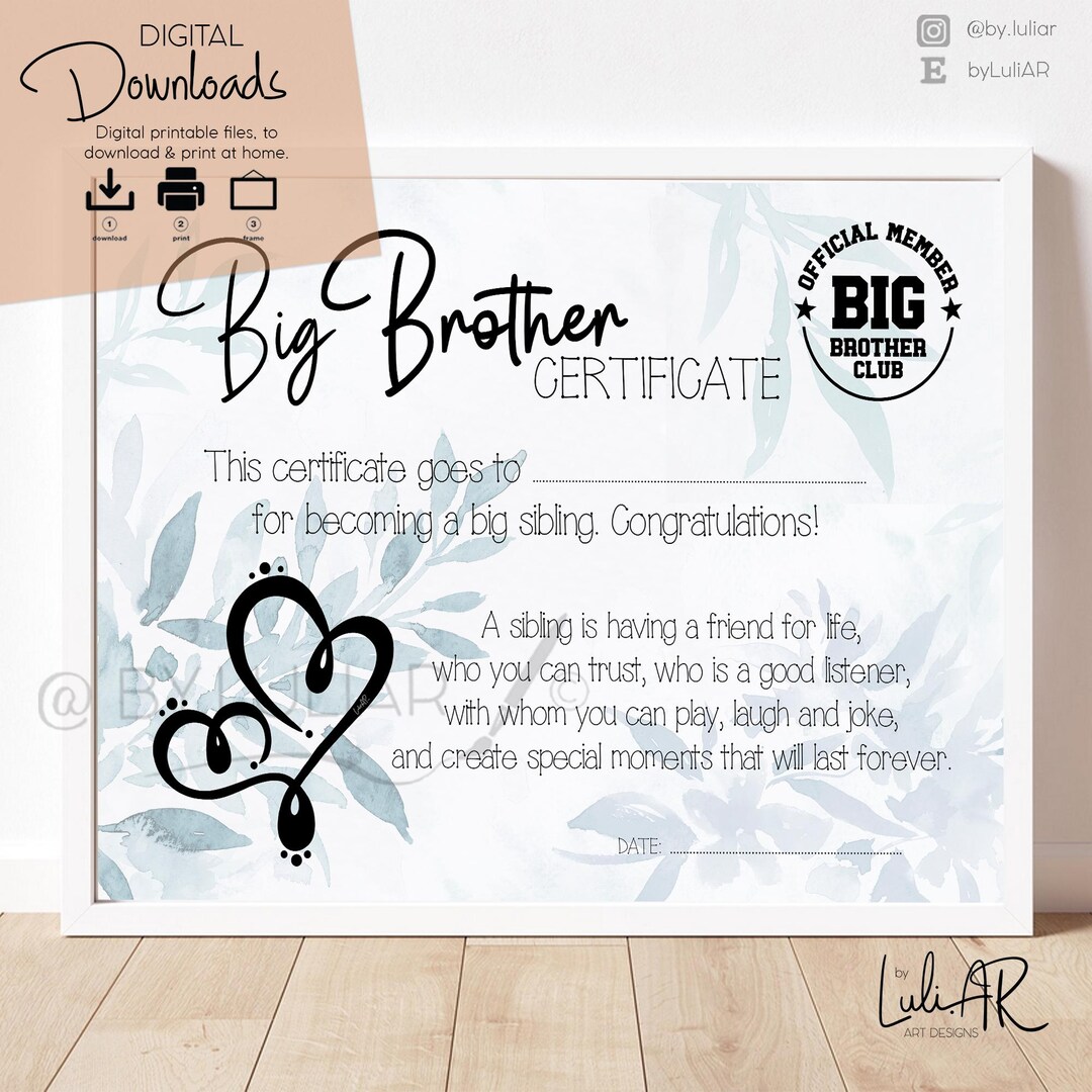 Printable Big Brother Certificate. New Big Brother Gift. Baby ...