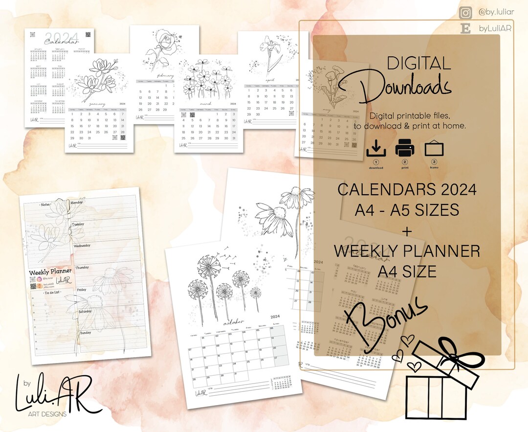 Printable Minimalist 2024 Calendar. Two Calendars to Print and Paint ...
