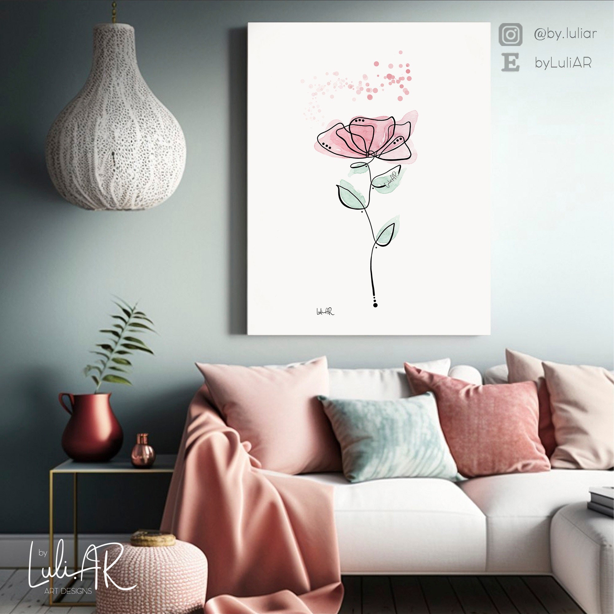 Rose Line Art Poster. Printable Watercolor Flower Illustration. One ...