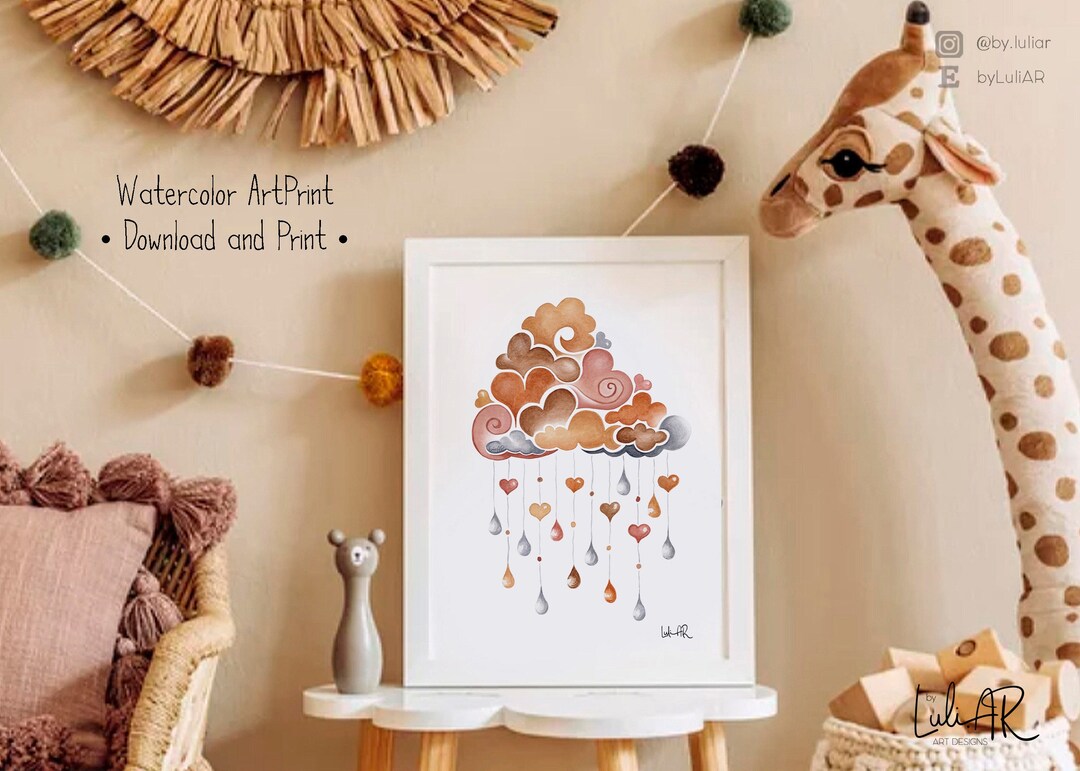 Boho Chic Rain Poster. Boho Rain Wall Art. Cloud Art Print. Earth Tones ...