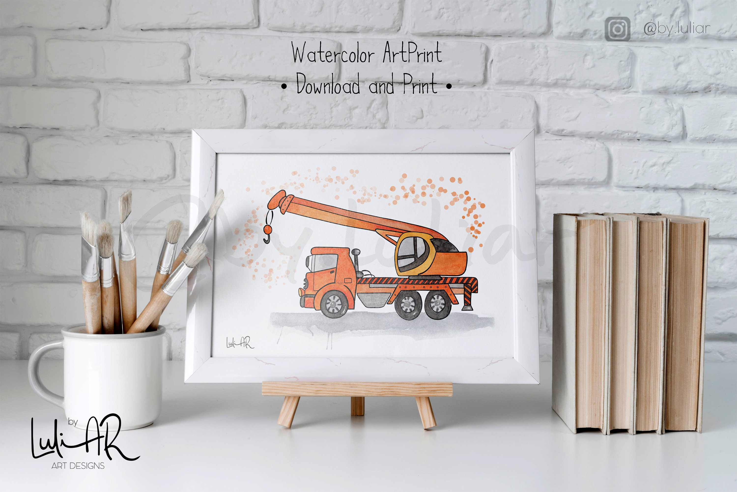 Printable Construction Crane Art. Watercolor Tractor Crane Poster ...
