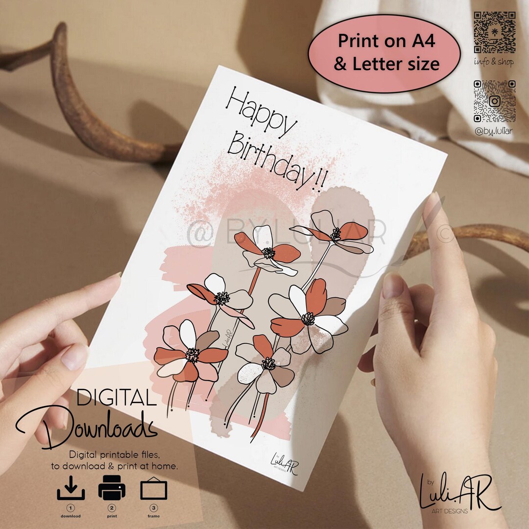 Printable Birthday Card for Flower Lovers. Neutral Colors Birthday Card ...