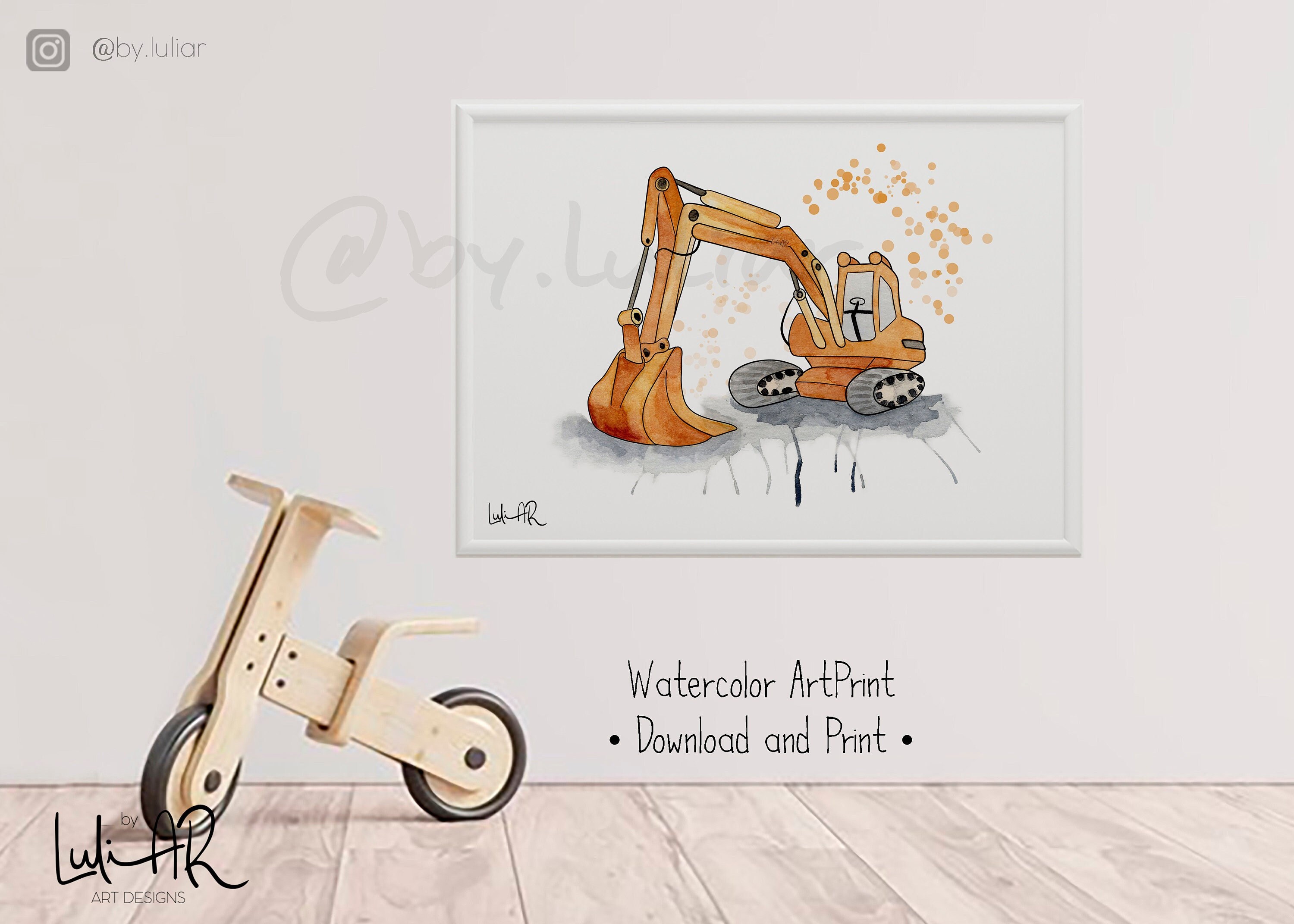 Bulldozer Wall Art. Backhoe Art Print. Excavator in Watercolor ...