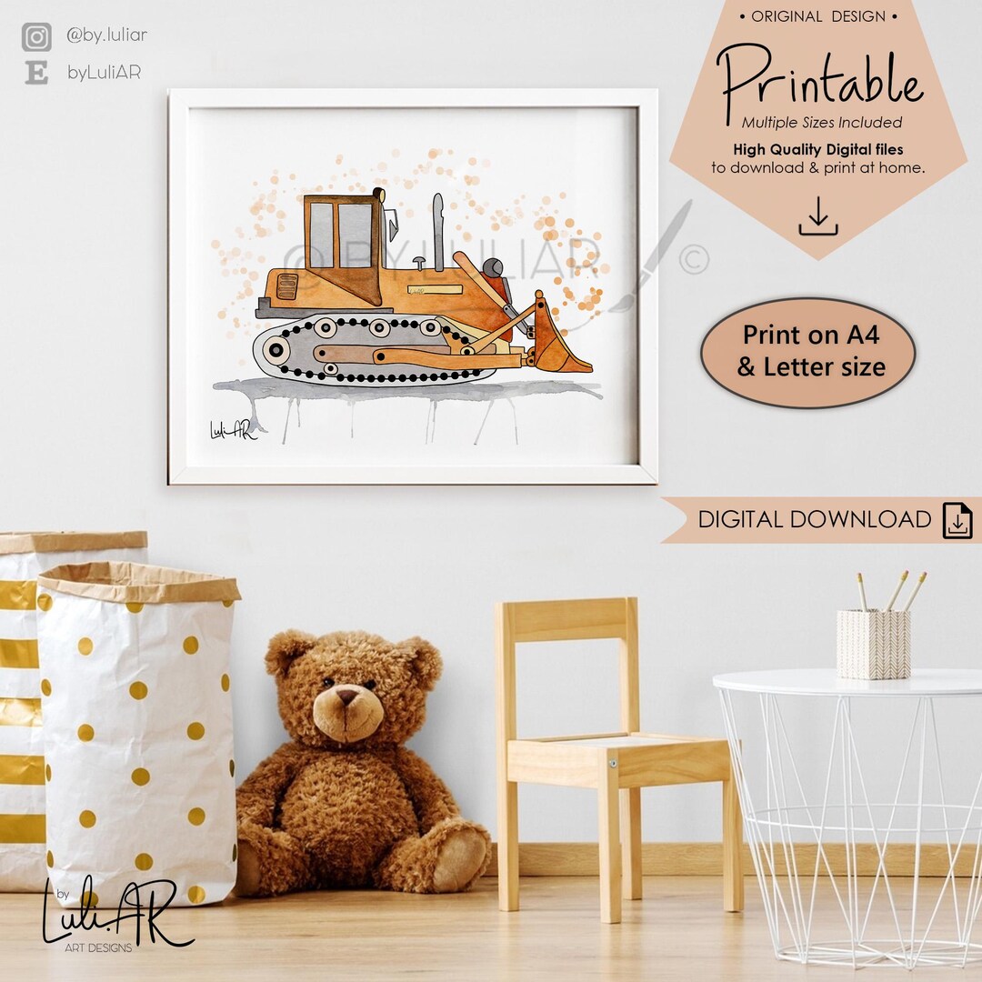 Printable Construction Poster. Excavator in Watercolor. Bulldozer Wall ...