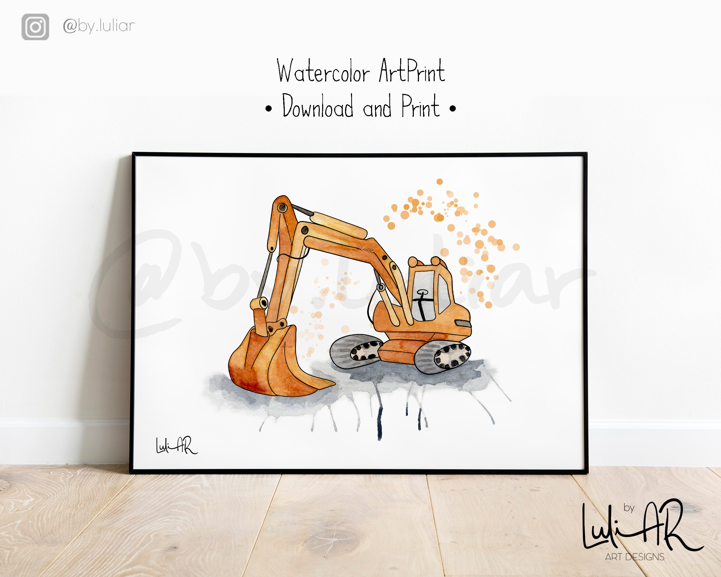 Bulldozer Wall Art. Backhoe Poster. Excavator in Watercolor ...