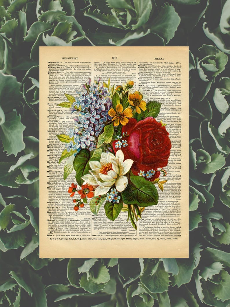 Flower Dictionary Art Print | Vintage Book Page Wall Art | Teacher Gift ...