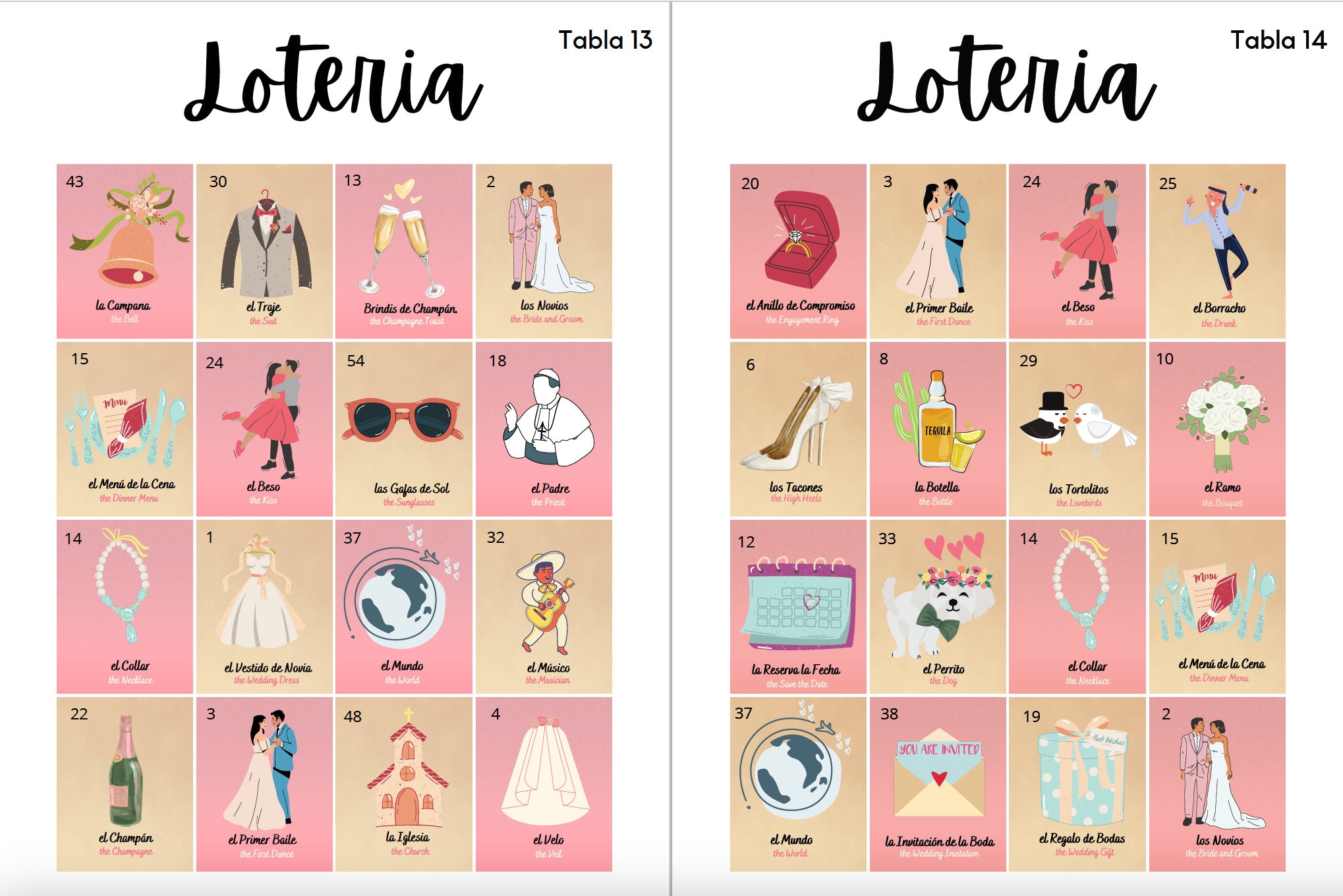 30 Tablas INSTANT DOWNLOAD bridal Shower Loteria Spanish & English ...