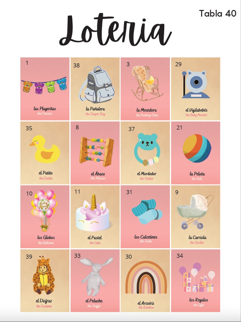 40 Tablas - INSTANT DOWNLOAD - Pink Baby Shower Loteria -spanish ...