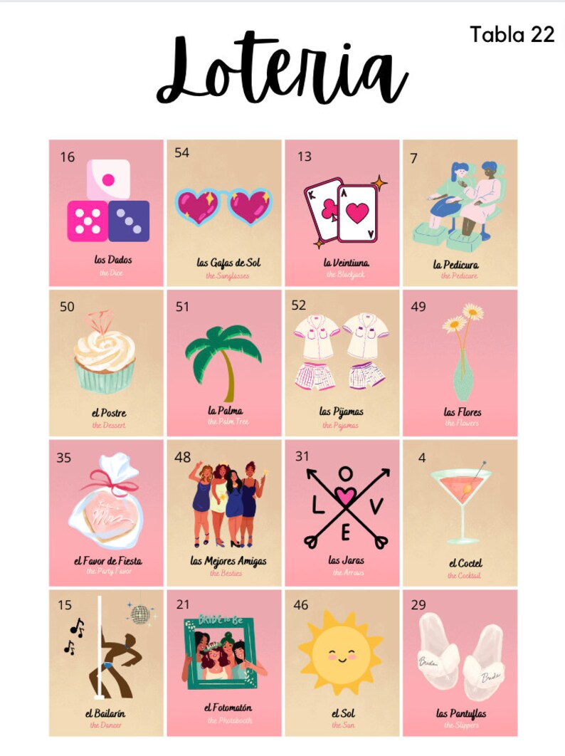 30 Tablas -INSTANT DOWNLOAD -bachelorette Loteria - Spanish & English ...