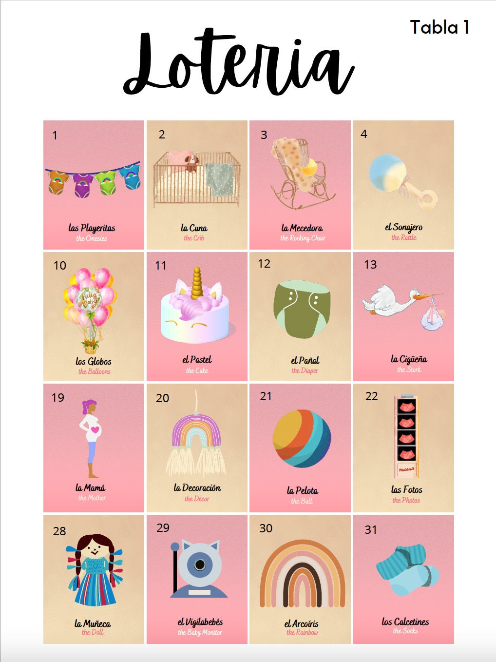 40 Tablas - INSTANT DOWNLOAD - Pink Baby Shower Loteria -spanish ...
