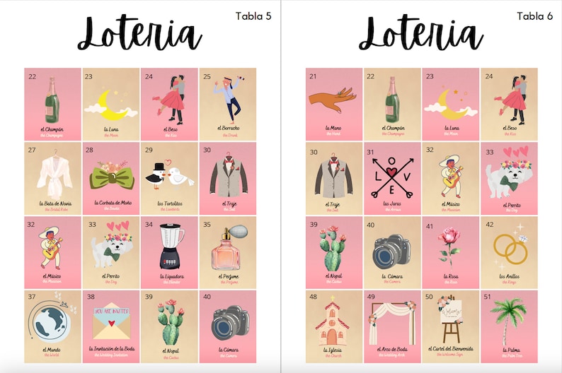 50 Tablas -INSTANT DOWNLOAD -bridal Shower Loteria - Spanish & English ...