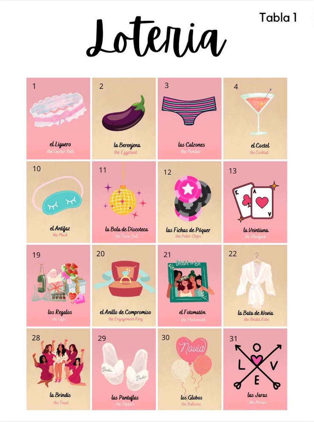 30 Tablas -INSTANT DOWNLOAD -bachelorette Loteria - Spanish & English ...