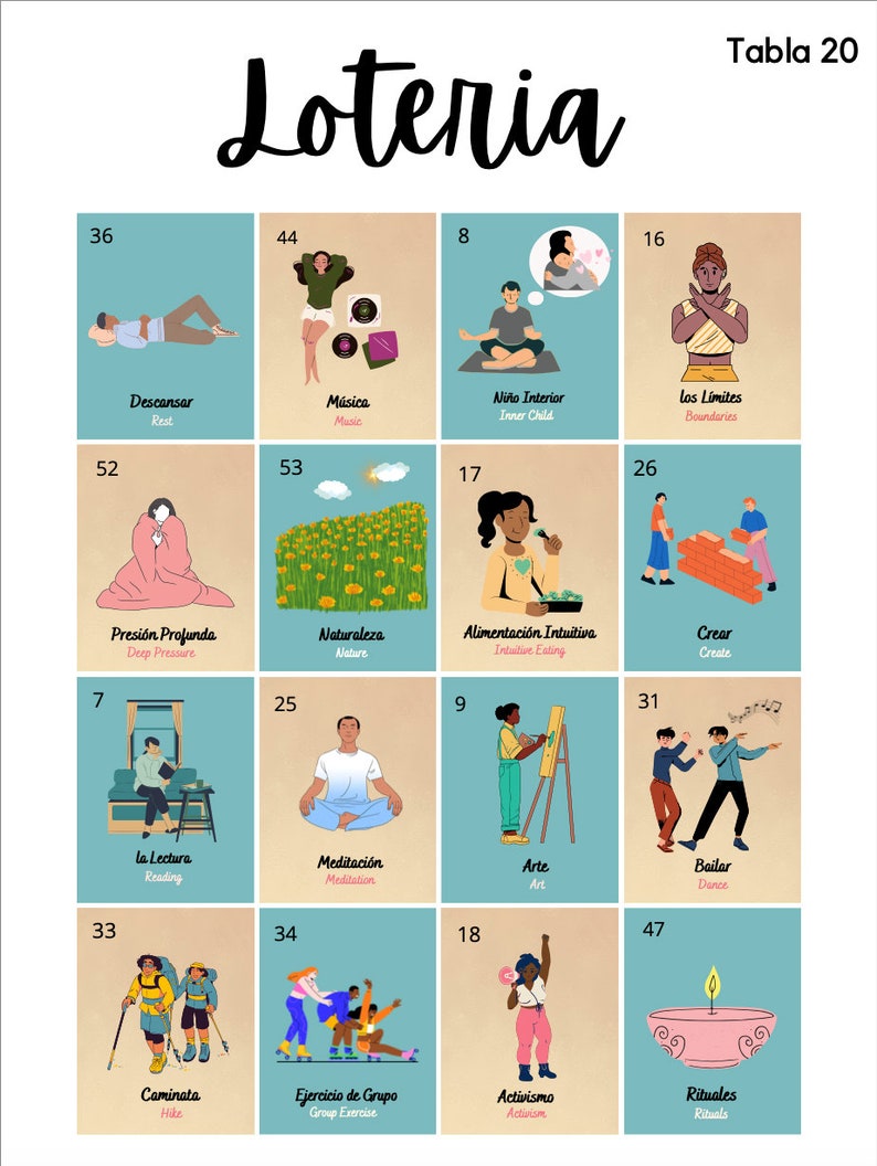 30 Tablas - INSTANT DOWNLOAD - Wellness Loteria - English & Spanish - Etsy