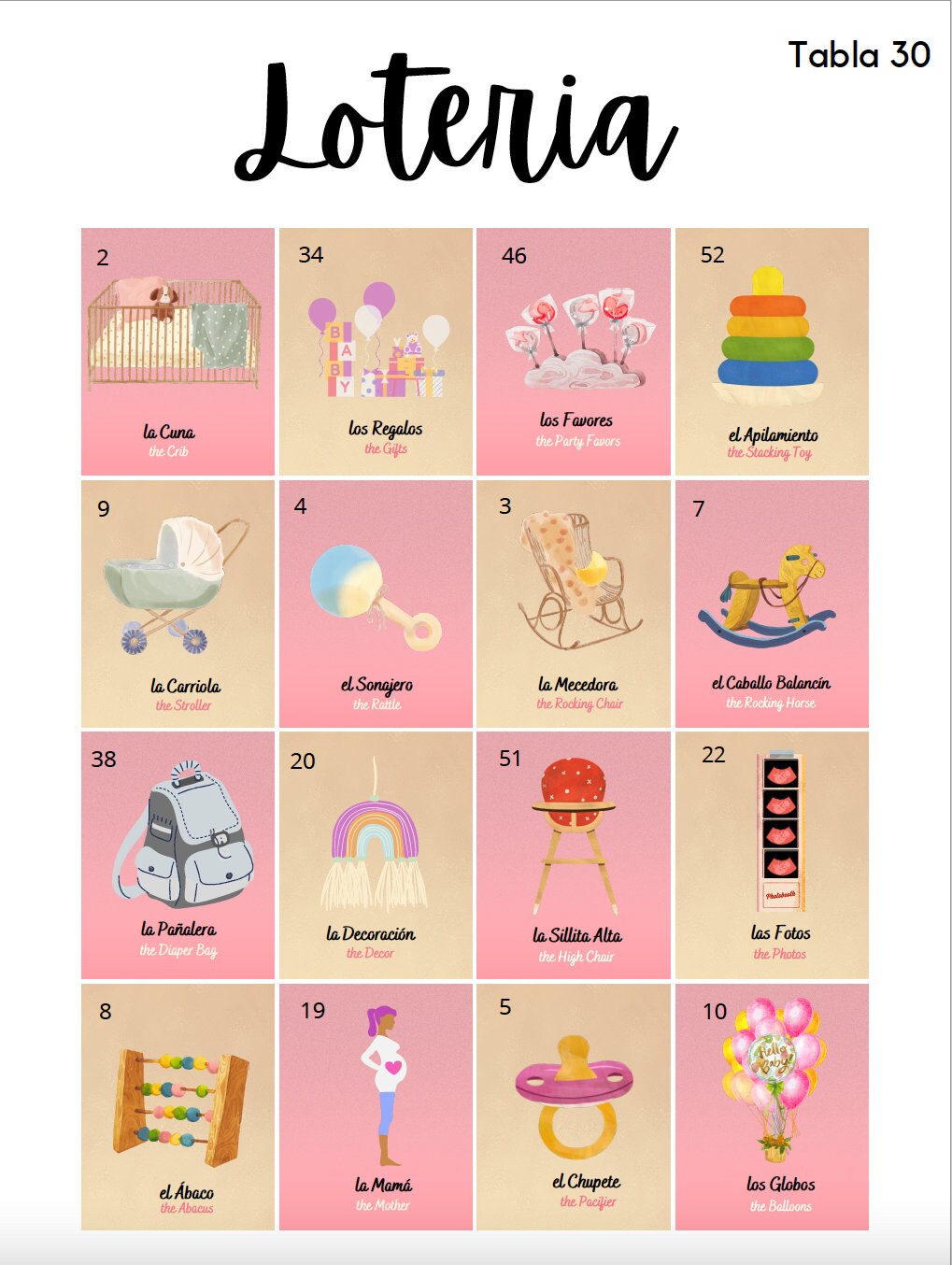 40 Tablas - INSTANT DOWNLOAD - Pink Baby Shower Loteria -spanish ...