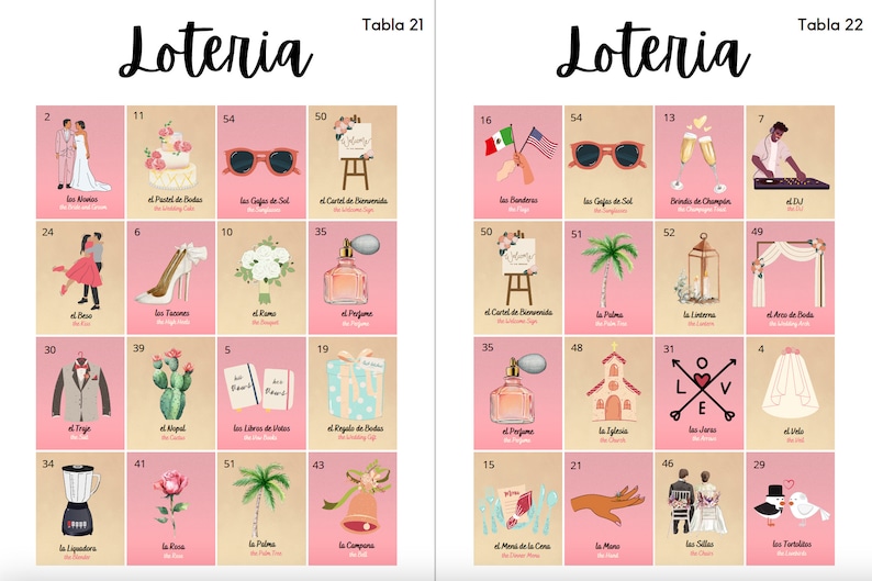 40 Tablas -INSTANT DOWNLOAD -bridal Shower Loteria - Spanish & English ...