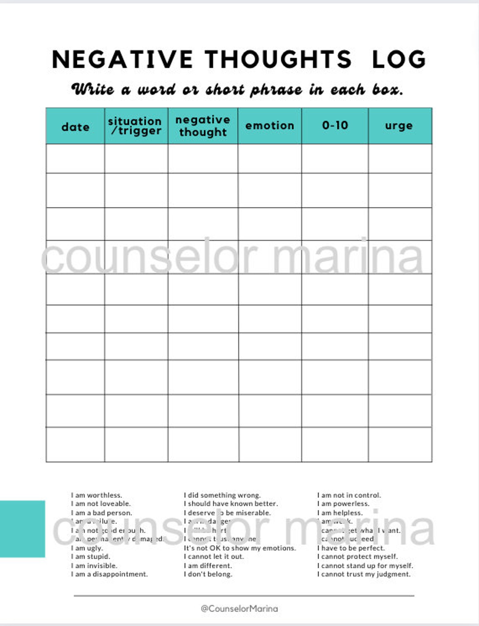 Negative Thoughts Log - Etsy