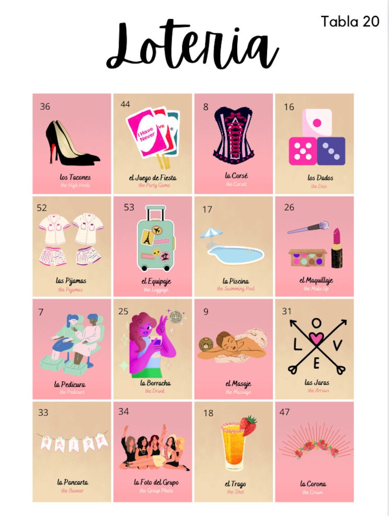 30 Tablas -INSTANT DOWNLOAD -bachelorette Loteria - Spanish & English ...