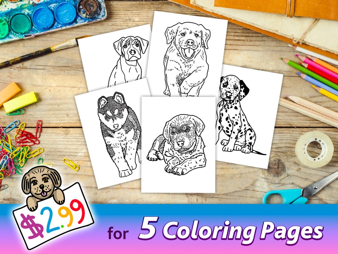 PACK of 5 PRINTABLE Puppy Coloring Pages for Kids - Downloadable PDF ...