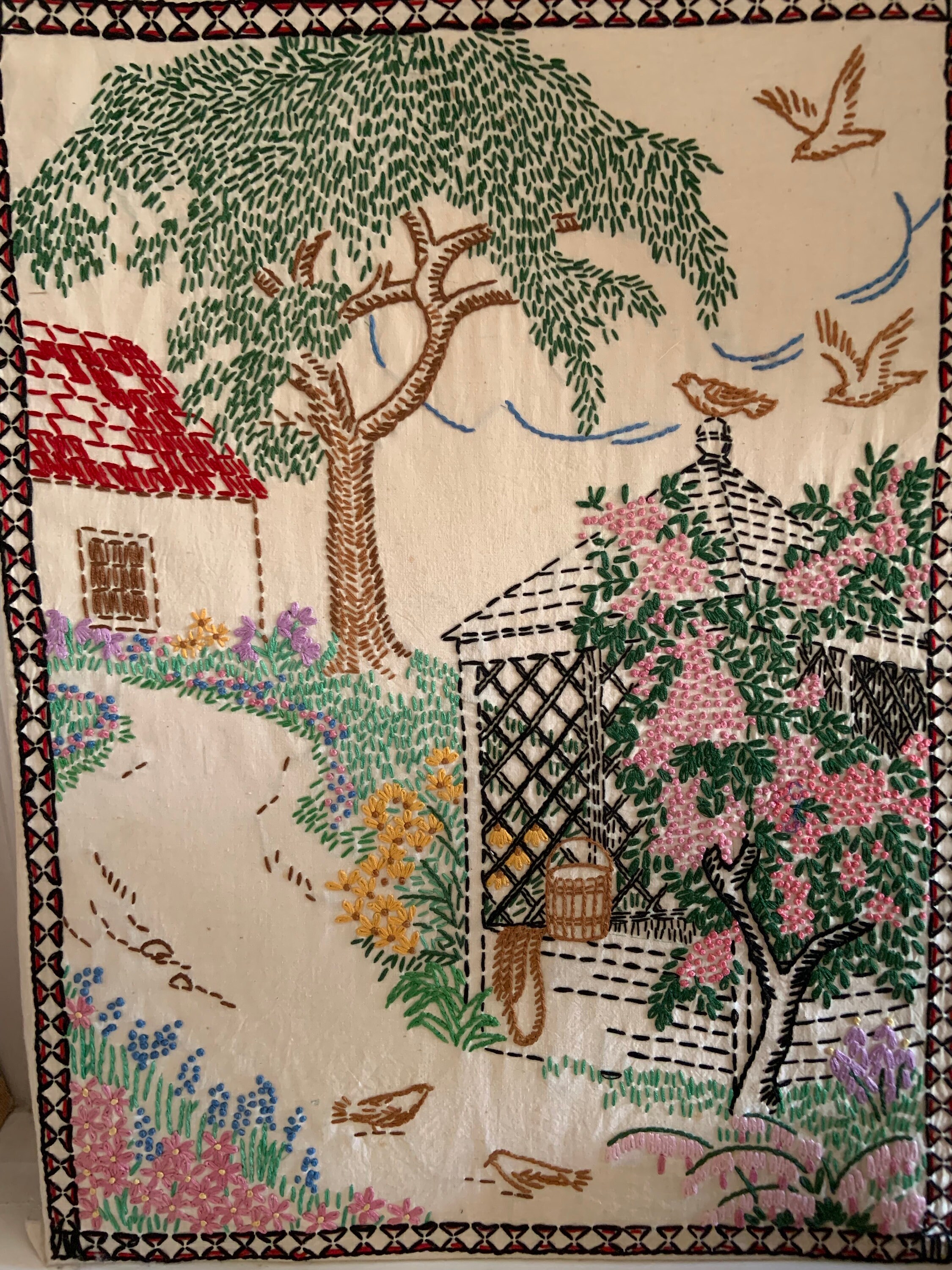 Vintage Embroidery Art, Detailed Garden & Gazebo Scene, Wall Decor ...