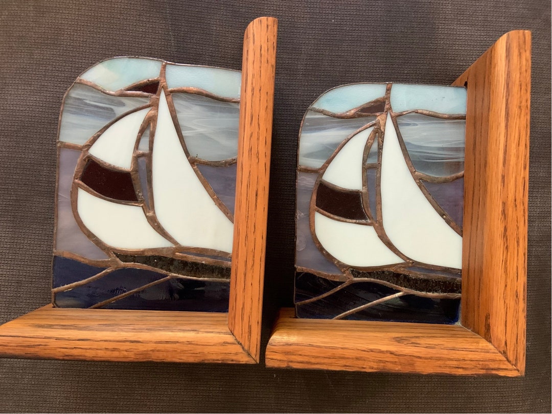 Nautical Stained Glass Bookend, Vintage Sailboat Decor, Handcrafted ...