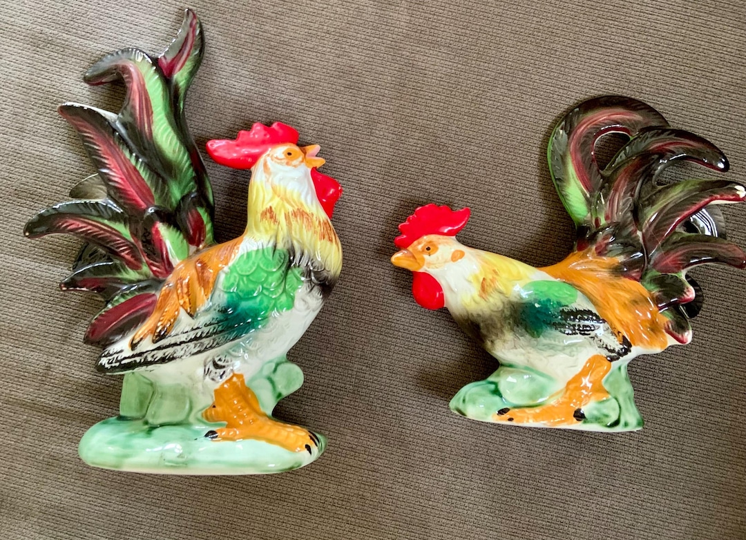 Japanese Ceramic Rooster Set, Pre-wwii Detailed Statues, Unique Home ...