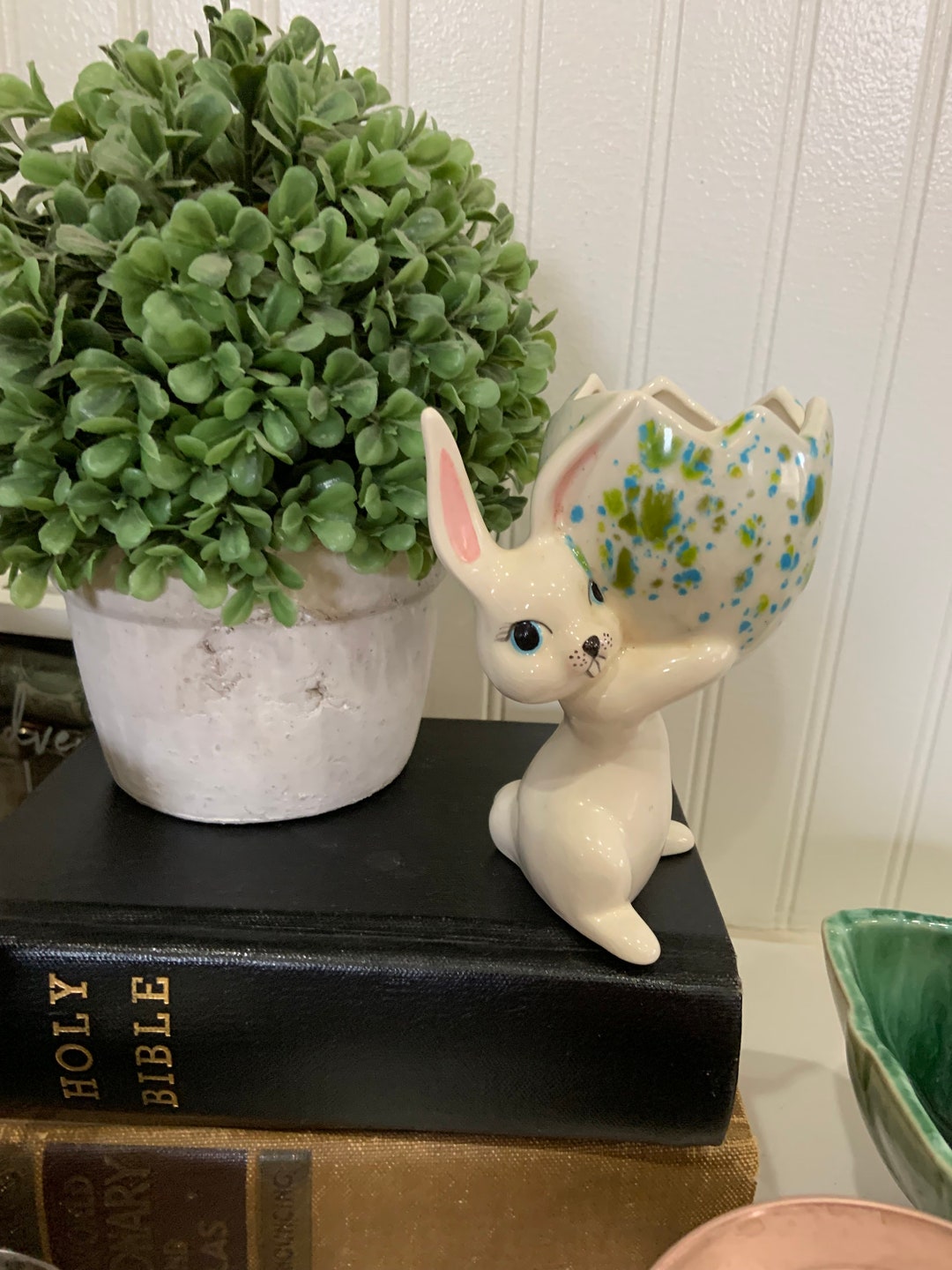 Vintage Ceramic Rabbit Planter, Blue Green Speckled Egg With Pink Ears ...