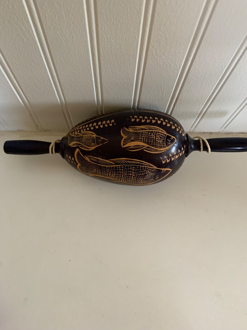 Vintage Costa Rica Boab Nut Rattle Hand Carved Fish Design Wooden ...