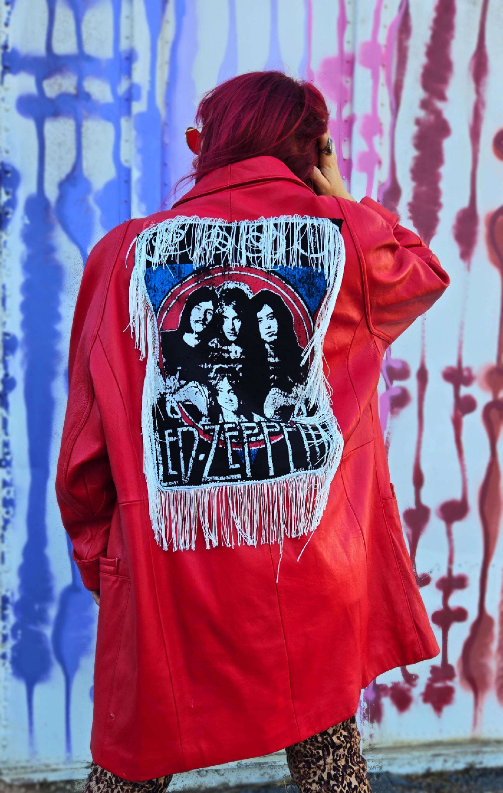 Upcycled Red Leather Coat | Led Zeppelin Patch, Fringe Jacket - Etsy