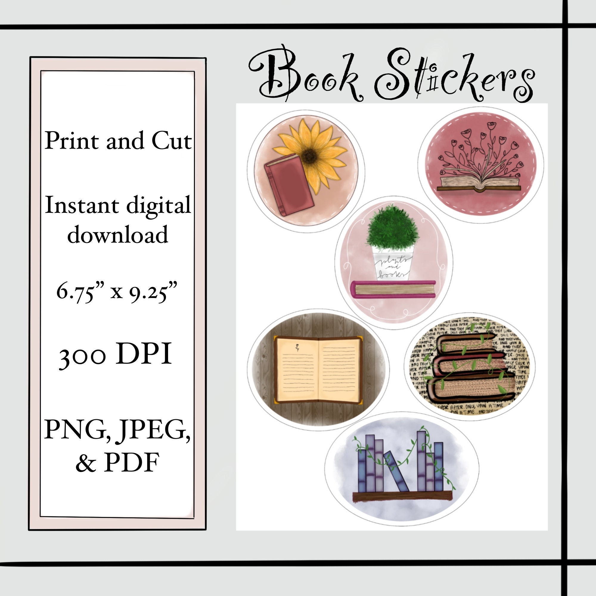 Book Sticker Sheet, Book Stickers, Cricut PNG Files, Book and Plant ...