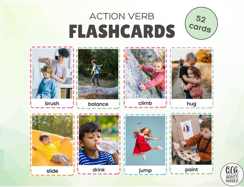 Montessori ACTION VERB Flashcards, Verb Flashcards for Kids, Printable ...